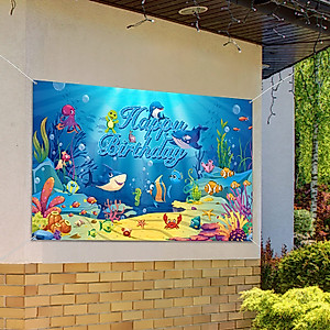 Sea Backdrop Ocean Animal Happy Birthday Decorations Under Ocean Theme Birthday Photography Background Banner for Kids Dolphin Shark Underwater Blue Party Decorations Supplies, 72.8 x 43.3 Inches