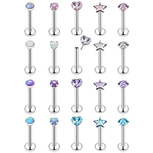 16G Threadless Push in Lip Rings Stainless Steel Labret Jewelry Monroe Lip Rings Nail Cartilage Tragus Helix Earrings Studs Nose Ring Medusa Piercing Jewelry For Women Men 3MM CZ Opal 6MM Length