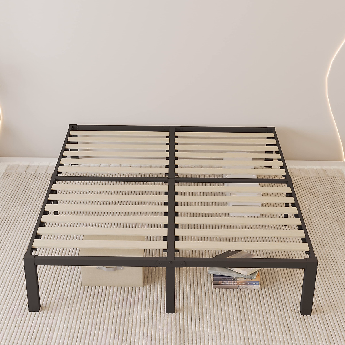 ROIL 18 inch Full Size Bed Frames with Wood Slats - 3500lbs Heavy Duty No Box Spring Needed Platform, Mattress Stoppers Double Metal Noise Free Bedframe with Headboard Hole