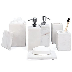 Real Simple Bathroom Accessory Set | Complete 6 Piece Bathroom Decor l Soap Dispenser, Cotton Ball Holder, Soap Dish, Toothbrush Holder & More (White Marble)