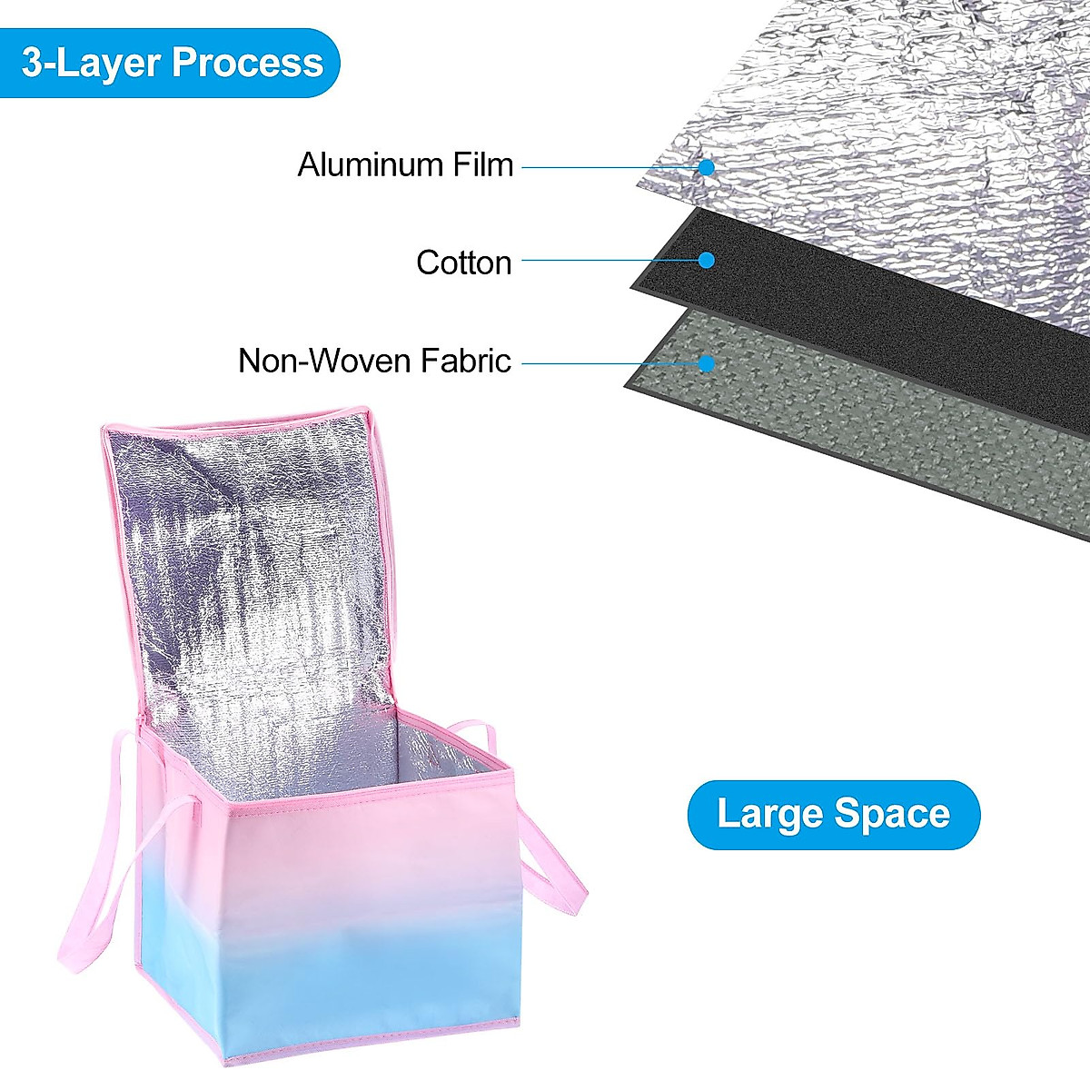 PATIKIL Insulated Grocery Bag, Non-woven Fabric Food Delivery Tote Thermal Cake Carrying Bags Food Container for Home Office Restaurant, 30cmx30cmx27cm, Pink Blue