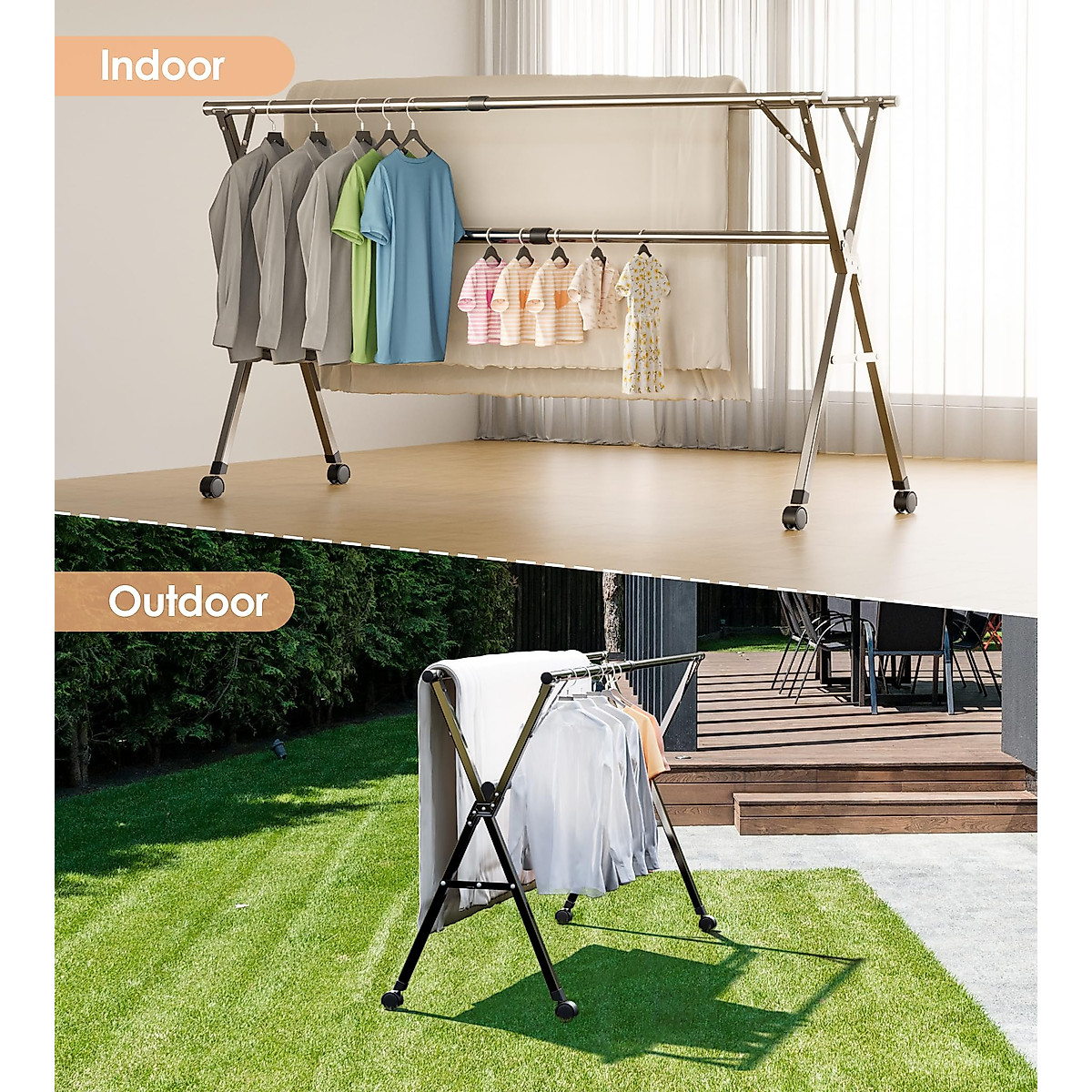 KitchLife Upgraded Clothes Drying Rack with Wheels, No Assembly Required, 63 Inches, Super Heavy Duty 201 Stainless Steel, Adjustable Foldable Laundry Drying Rack