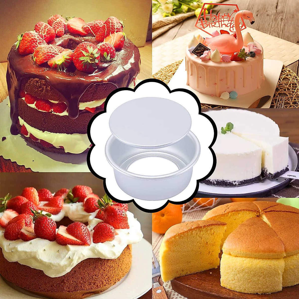 6 Inch Round Cake Pan Set of 4, Nonstick Aluminum Baking Pans with 100 Sheets Parchment Paper, Cake Tins For Making Layered Cakes Deep Dish Pizza Quiches, Removable Bottom For Easy Quick Release