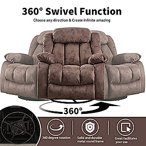 CANMOV Massage Rocker Recliner with Heat and Vibration, 360 Degree Swivel Manual Antiskid Fabric Single Sofa Heavy Duty Reclining Chair for Living Room, Dark Brown