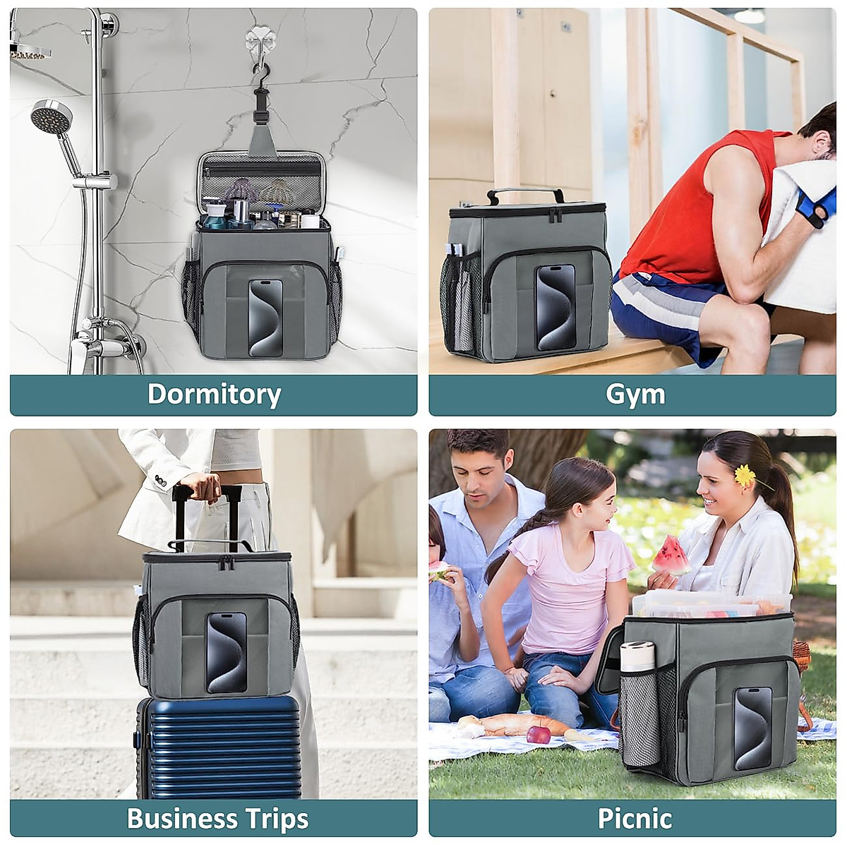 Shinowa Large Portable Shower Caddy Tote Bag with Quick Dry Mesh Base for College & Dorm Travel Toiletry Bag Summer Camp Travel RV Essentials Shower Bag for Student, Gym, Women & Men, Gray