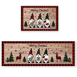 2 Piece Gnome Kitchen Rug Set Merry Christmas Indoor Floor Mats for Winter, Xmas Door Mat Runner Rug Carpet Mat for Kitchen Home Decor (15.7" x 23.6"+15.7" x 47.2") - Snowflake Tree Retro Wooden Board