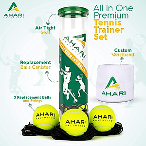 Ahari Unlimited Premium Tennis Trainer Set, Pro Tennis Rebounder with Metal Base in a Carrying Cylinder, 3 Replacement Rebound Balls, & Wristband, Portable Tennis Practice Equipment for Solo Training.