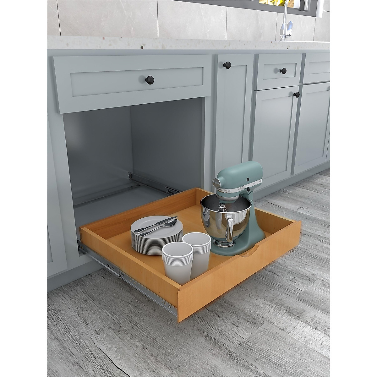 Soft Close Wooden Drawer Box Organizer Fully Assembled Pull Out Under Cabinet Sliding Shelf Base Kitchen Bathroom Vanity Under Sink Pull Out Organizer Drawer | Wood Roll Out Tray (26''W x 22''D)