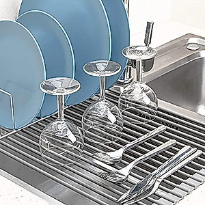 Roll Up Dish Drying Rack Drain Board Drainers, Over The Sink Dish Drying Rack for Kitchen Counter Foldable Dish Drainer Sink Rack Kitchen Organization Gadgets 17''x13'', Warm Grey