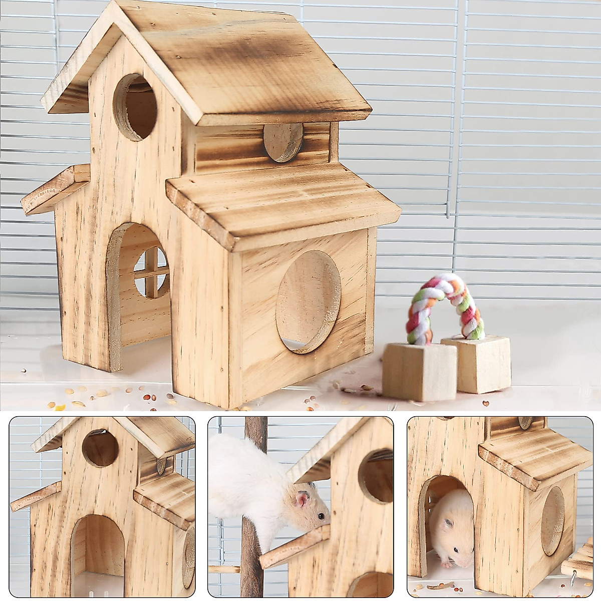 Small Animal Activity Toy Hamster Houses Hideouts Wooden Rat Playground Platform with Ladders Bridge for Chinchilla, Guinea Pigs, Gerbil, Parrots, Dwarf Mice,and Other Small Animals（Without bark）