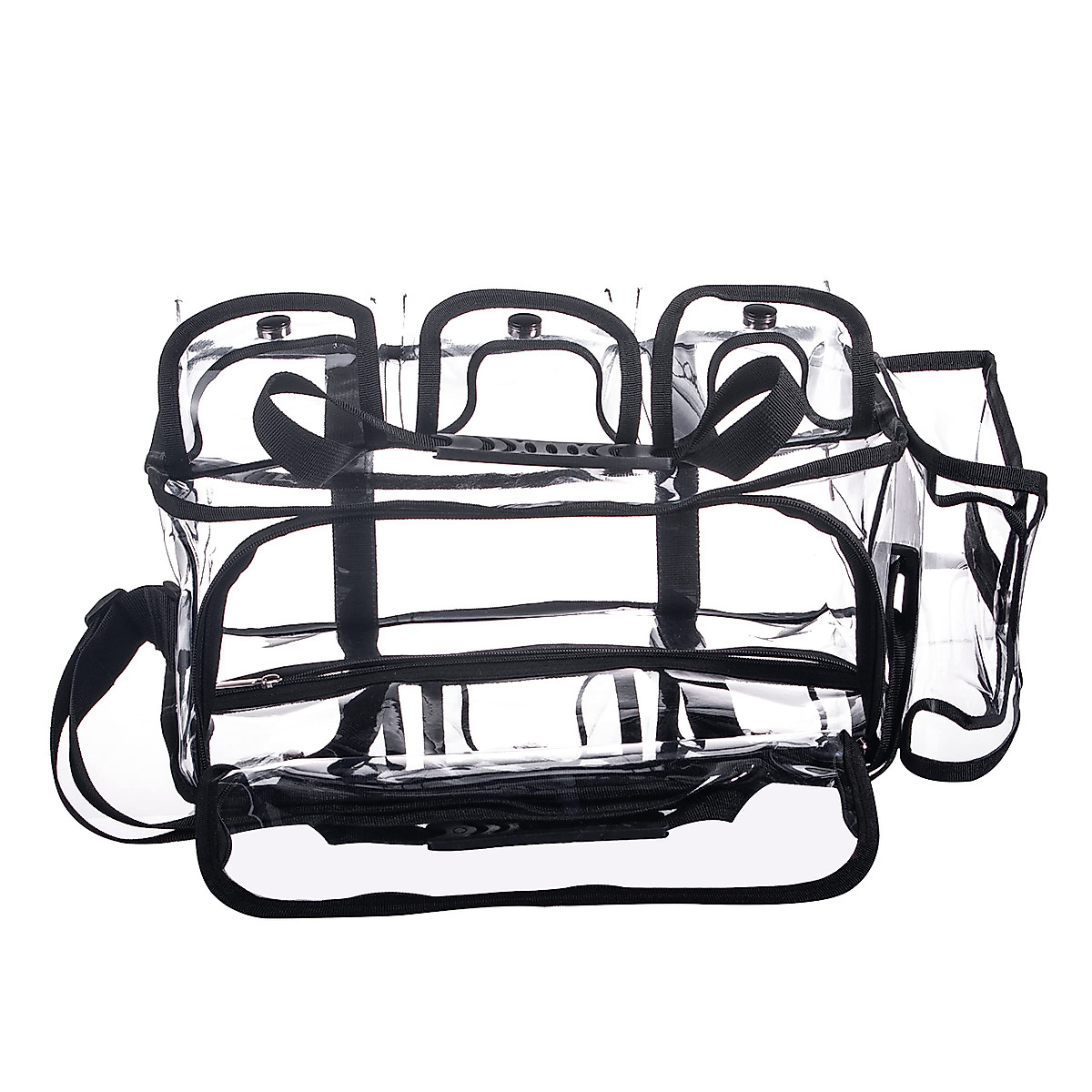 Wide Open Large Professional Clear PVC Travel Makeup Artist Set Bag Cosmetic Nails Beauty Bag Transparent Vinyl Tool Organizer Work Bag Beach Bag Diaper Bag with 6 External Pockets & Strap (Black)