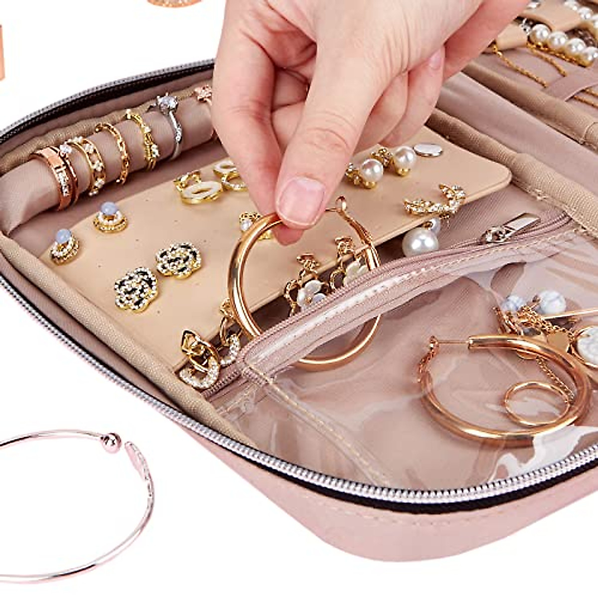 BELALIFE Travel Jewelry Organizer, Portable Jewelry Storage Case for Earrings, Rings, Necklaces, Bracelets, Pink