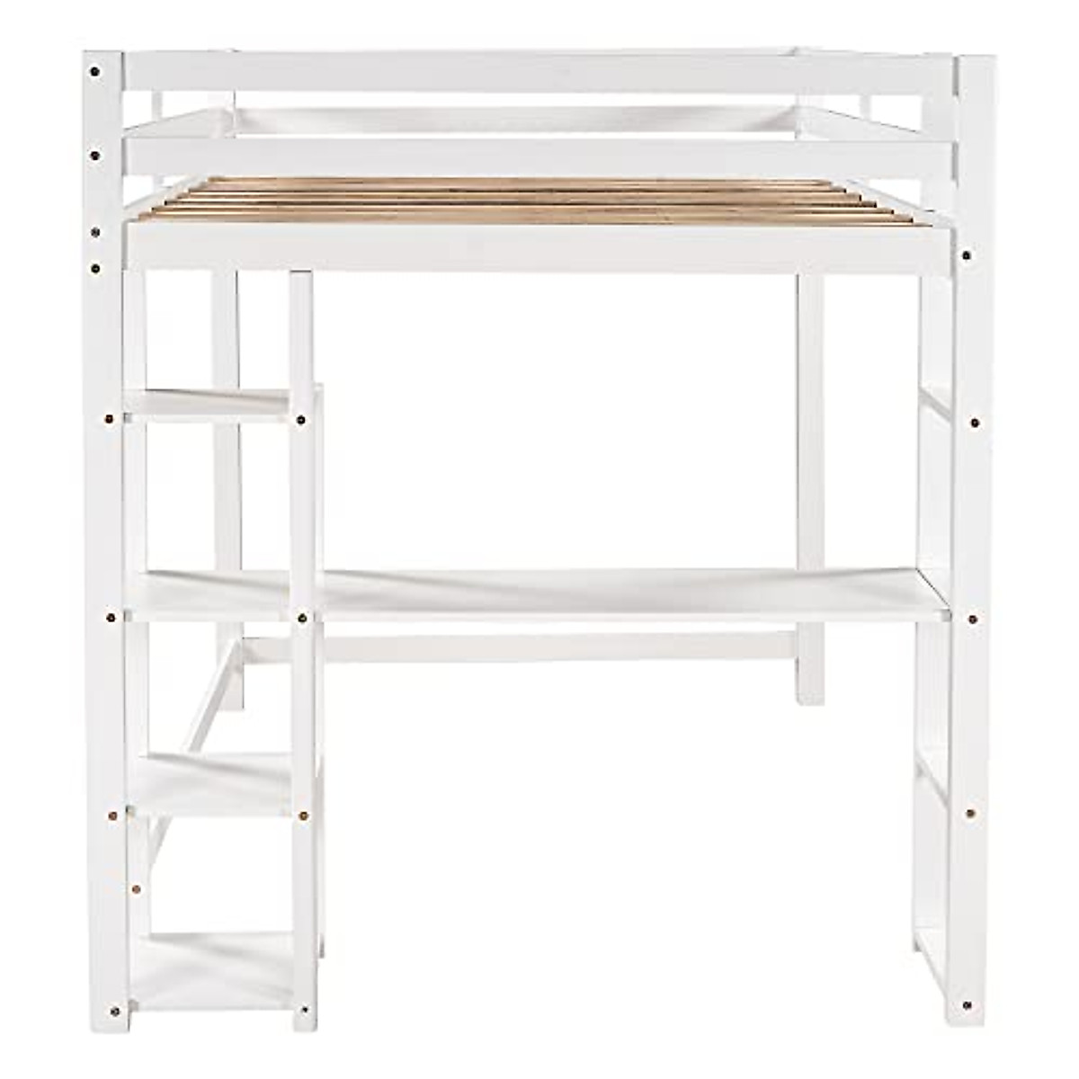 MOEO Full Size Loft Bed with Desk and Shelves, Wooden Style Bedframe for Kids, Adults, Teens,No Box Spring Needed, White