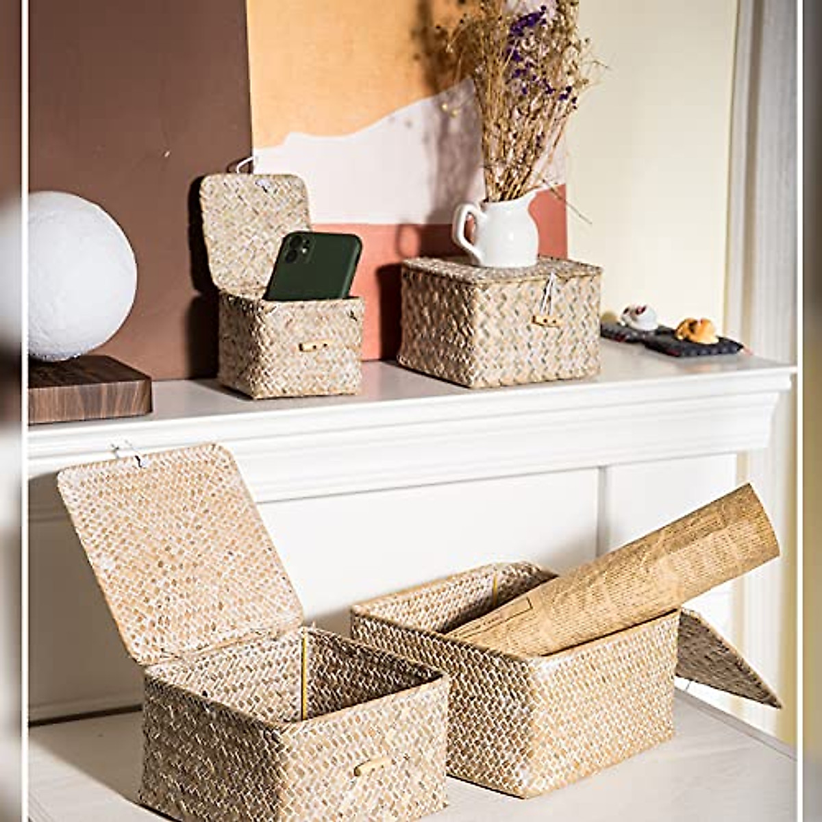 HAPYFURN Shelf Storage Boxes with Lid, Set of 2 Stackable Square Baskets for Shelves, Natural Seagrass Handwoven, Organizer Box of Cosmetics Keys Jewelry Needles Threads