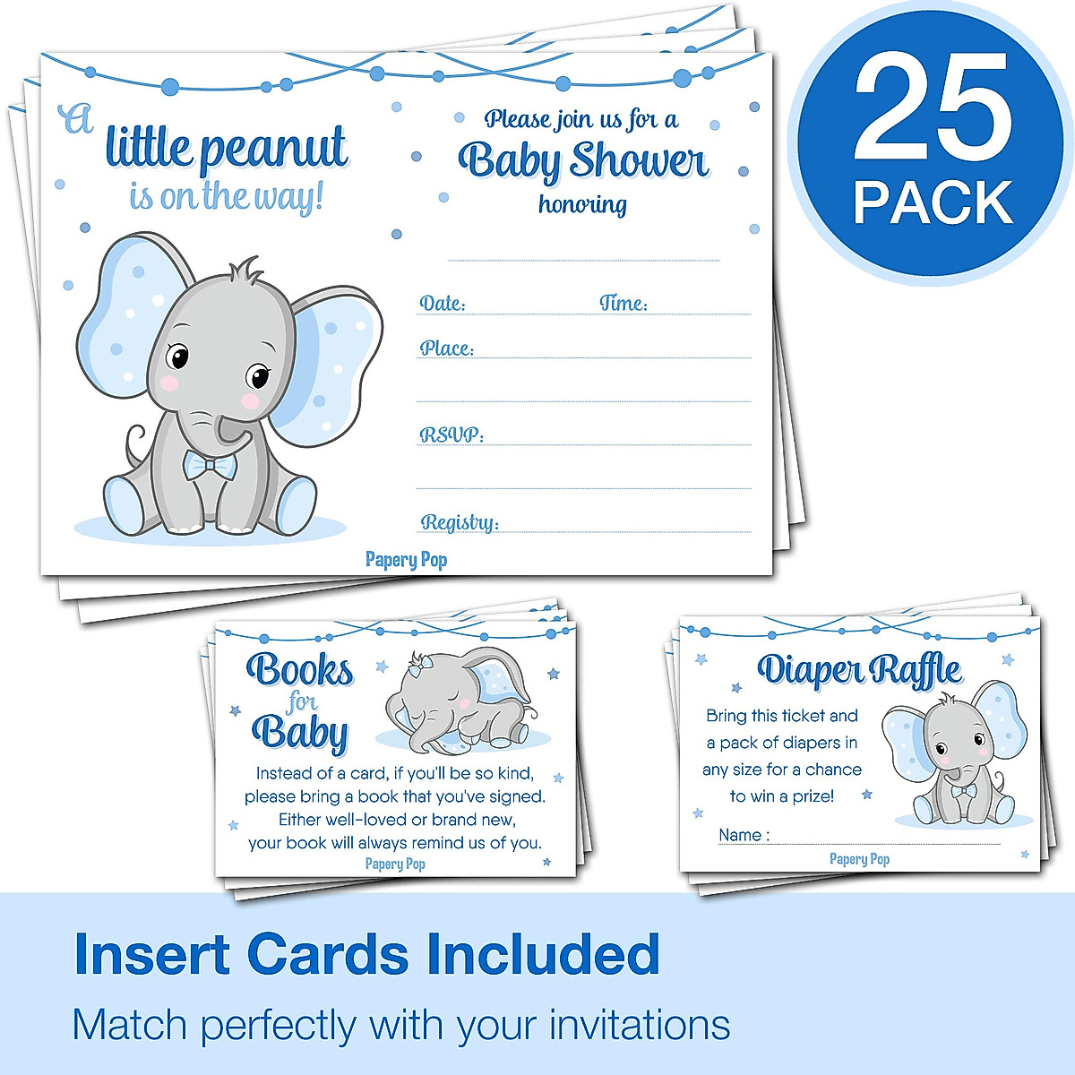 Set of 25 Baby Shower Invitations for Boy with Envelopes, Diaper Raffle Tickets and Baby Shower Book Request Cards - Elephant
