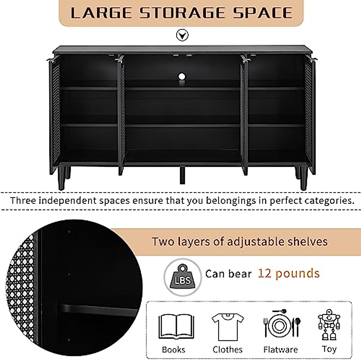 Black Sideboard Buffet Cabinet with Artificial Rattan Door, Large Buffet Sideboard Storage Cabinet with Adjustable Shelves, Sideboard Buffet Table for Living Room, Kitchen, Dining Room