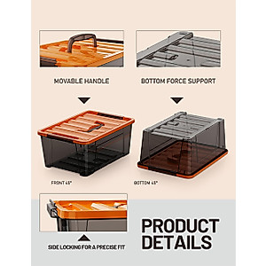 WYT 5-Quart Small Storage Container Bin with Orange Secure Lid and Black Clear Latch Buckles, Durable Plastic Stackable Nestable Organizin, 6-Pack