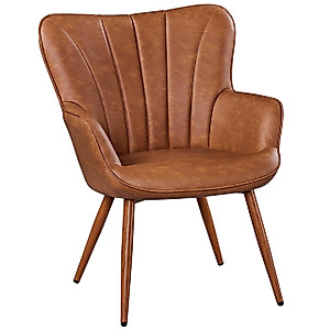 Yaheetech PU Leather Armchair, Modern Accent Chair with Metal Legs, Comfy Upholstered Barrel Chair for Living Room Bedroom Vanity Room, Brown