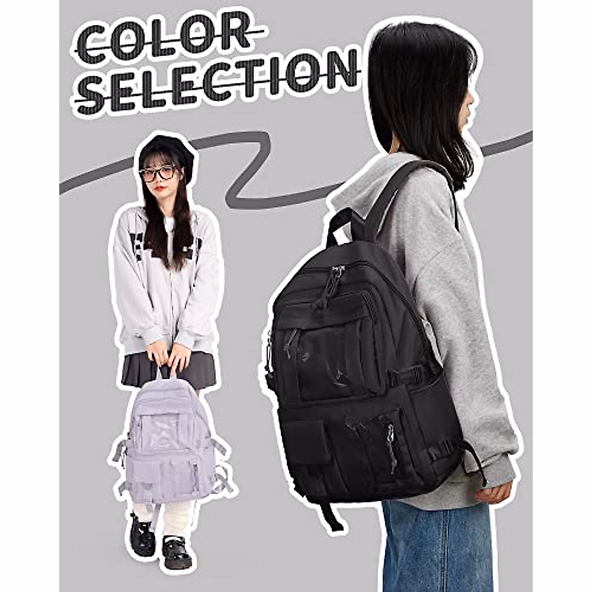 Black School Backpack for Girls Boys Cute Kawaii Lightweight College High School Bookbag for Teens Durable Middle School Students Bags Waterproof Casual Daypack For Men Women