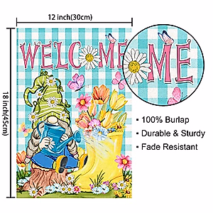Spring Garden Flag, Spring Flags 12x18 Double Sided, Burlap Hello Spring Yard Flag with Gnomes Boots Blossoms Butterfly Welcome Seasonal Vertical Summer Signs for Outdoor Outside Lawn Decorations