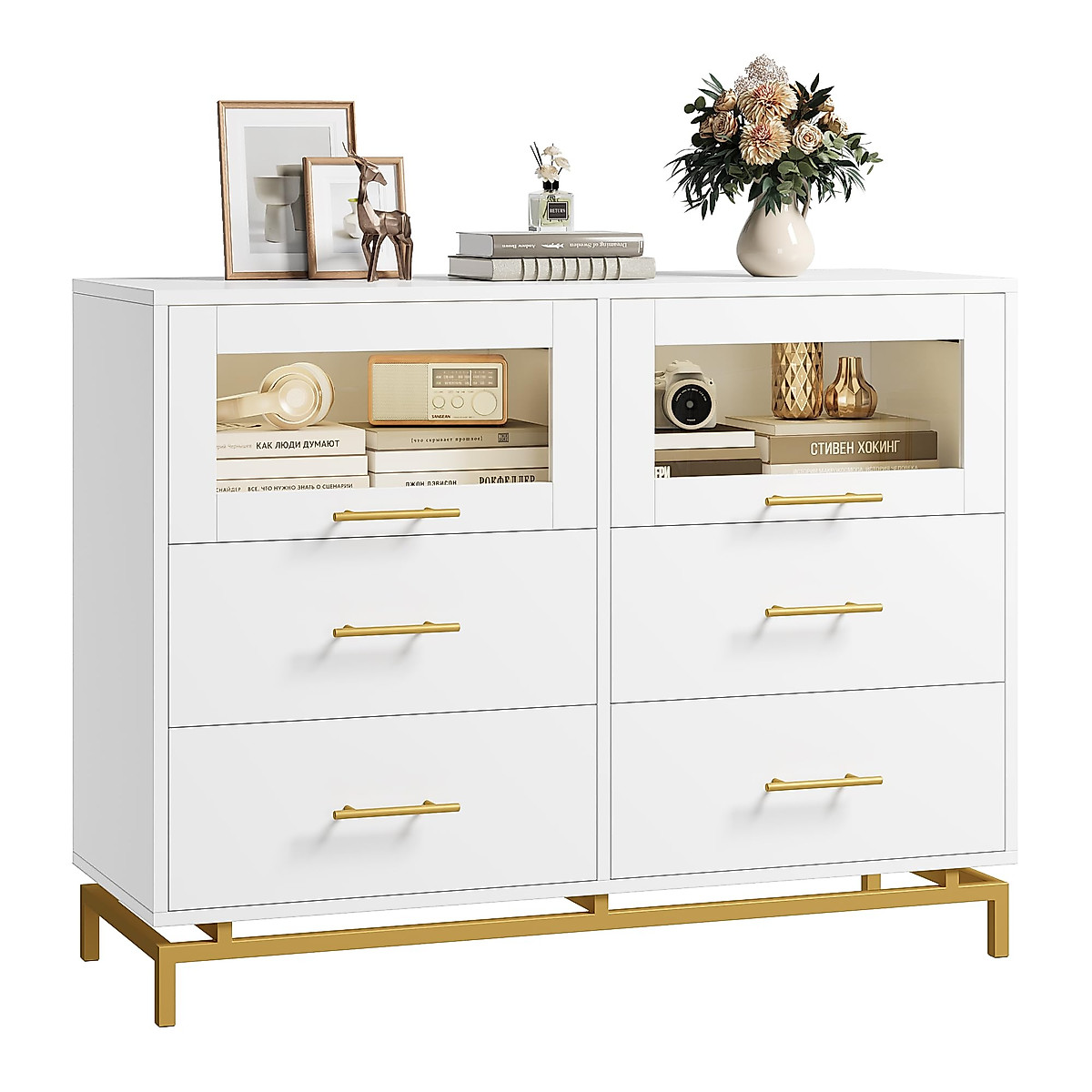 HITHOS White Dresser, 6 Drawer Double Tall Dresser for Bedroom with Fluted Glass Door, Wide Wood Chest of Drawers, Modern Gold Storage Dresser with Sturdy Metal Base for Living Room, Entrway, Hallway