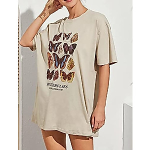 Meladyan Women’s Oversize Graphic Printed Loose Tee Short Sleeve Round Neck Loose Tshirt Tops Apricot