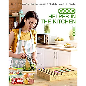 6 In 1 Ziplock Bag Storage Organizer, Foil and Plastic Wrap Organizer, Uamector Bamboo Aluminum Foil Dispenser with Cutter for Kitchen Drawer, Applies to Gallon Quart Sandwich Snack Bags, Cling Film Aluminum Foil, etc