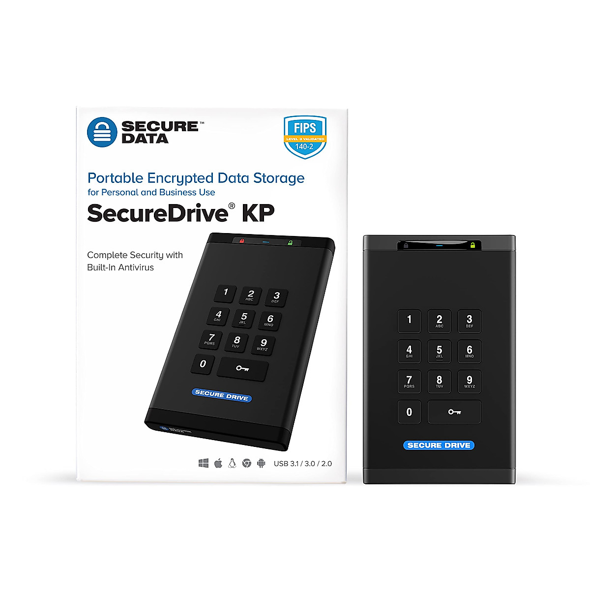 SecureData SecureDrive KP 250GB SSD Hardware Encrypted USB 3.0 External Drive FIPS 140-2 Level 3 Unlock via Keypad TAA Compliant, CJIS, HIPAA, CMMC, GDPR Compliant, Works with Mac and Win Free AV