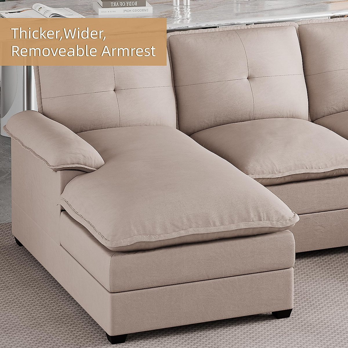 JAMFLY Sectional Couches for Living Room, U-Shaped Couch 4 Seat Sofas with Double Chaises, Modular Sectional Sofa Set for Apartment Furniture for Apartment, Dark Beige