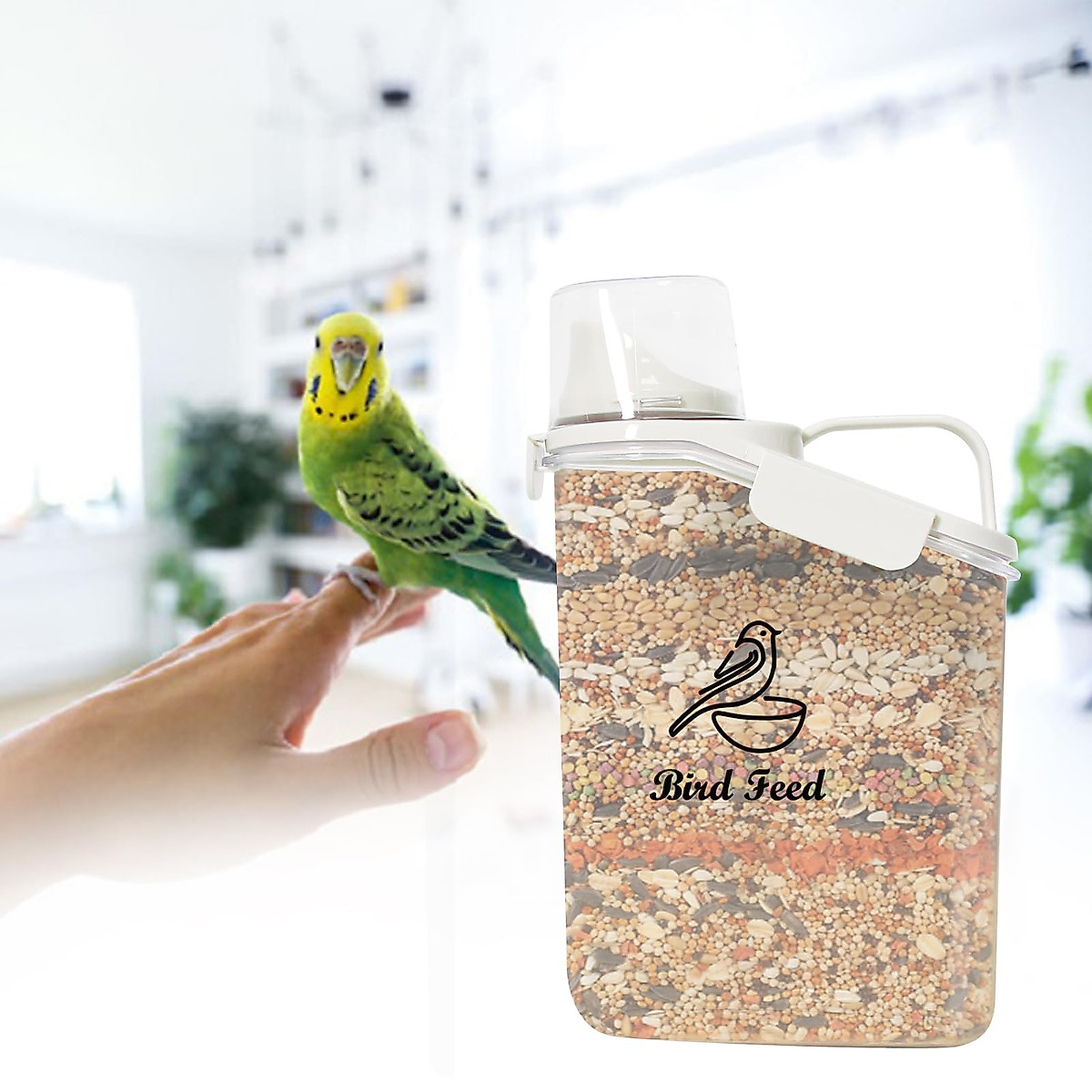 Ctomche Bird Seed Storage Container,2.8L Airtight Bird Food Container with Handle and Measuring Cup,Portable Pet Food Container for Wild Bird Sunflower Seed-BPA Free Transparent/White