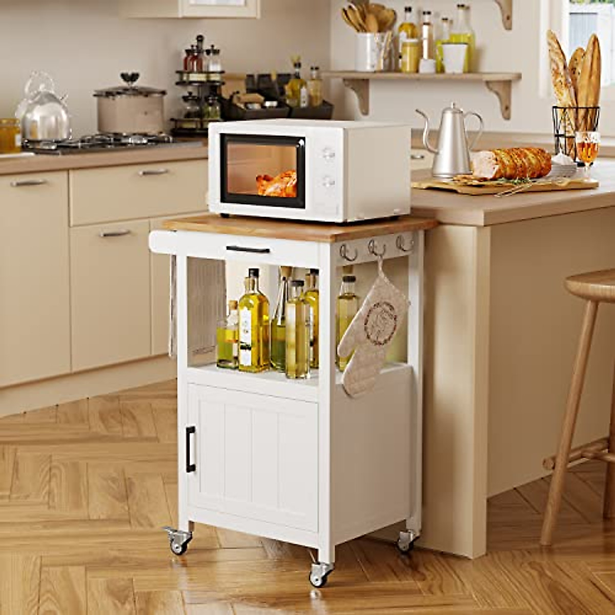 Qsun Rolling Kitchen Island Cart with Drawer, Storage on Wheels, Small Home Coffee Bar, Microwaves Stand, Table/Cabinet and Side Hook, White
