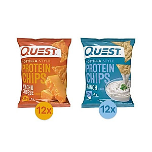 Quest Nutrition Tortilla Style Protein Chips Bundle, Ranch & Nacho Cheese, Baked, High Protein, Low Carb, Gluten Free, 1.1 oz, 24ct