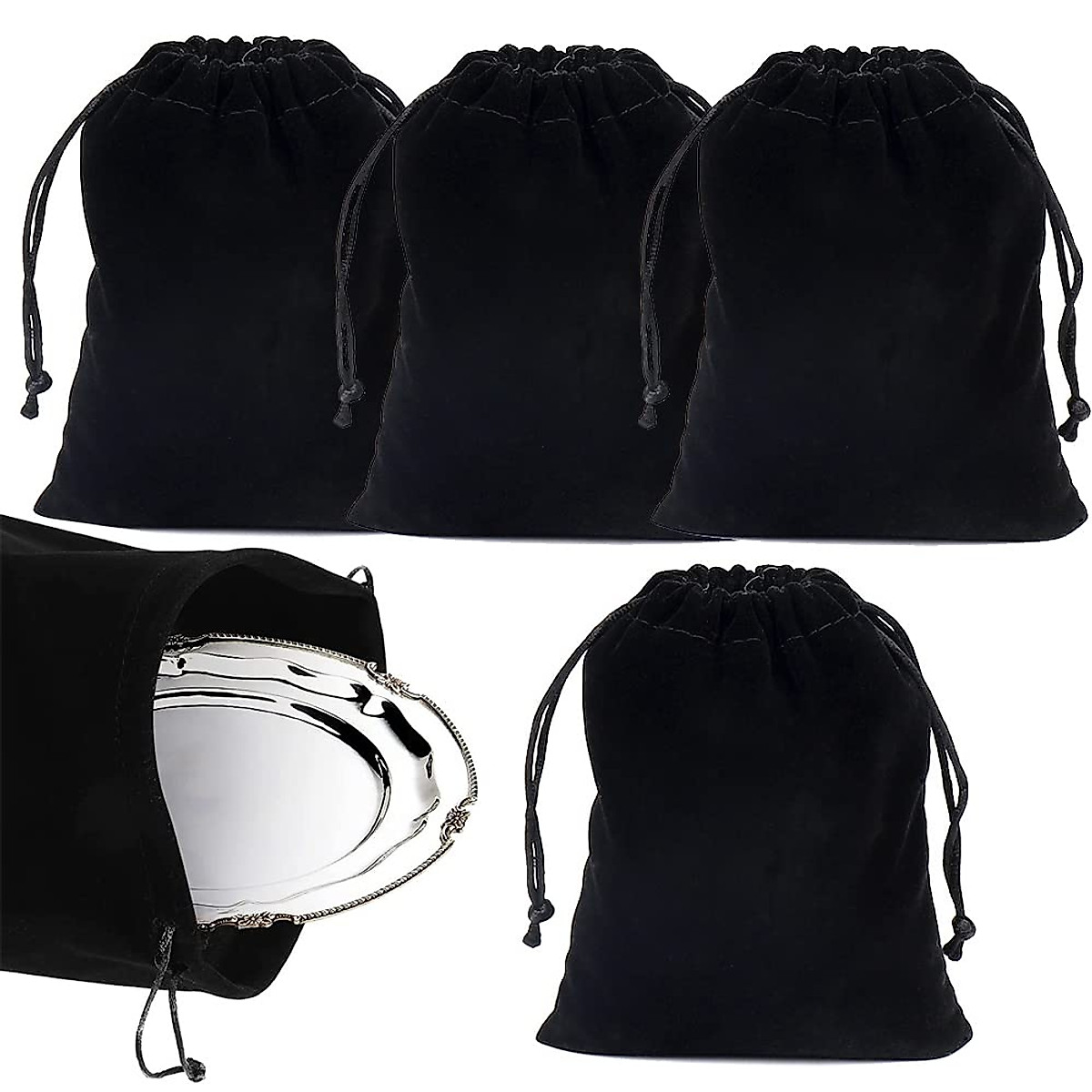 4 Pcs Luxury Anti-Tarnish Cloth Bag for Silver Storage, Jewelry, Silverplate, Protection Flatware Silverplate Tarnish Cleaning (Black, 10 x 13.78 Inch)