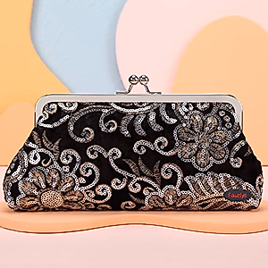 Fawziya Clutch Evening Bags Sequin Velvet Embroidered Kiss Lock PursesKiss Lock Evening Bag-Black