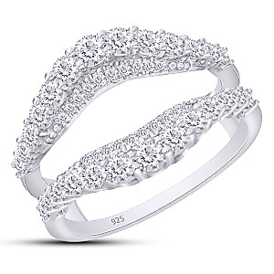 AFFY Round Cut White Cubic Zirconia Double Row Prong Set Contour Solitaire Enhancer Engagement Ring In 14k White Gold Over Sterling Silver (2.06 Cttw) Ring Size-5