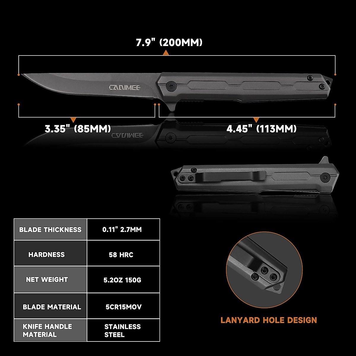 Carimee Pocket Knife 3.35", EDC Gentlemen Knife with 7Cr17Mov Steel Blade, Stainless Steel Handle, Pocket Clip, Glass Breaker, For Outdoor Activity, 2024 Gifts, Grey Color