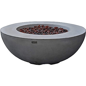 AMS Fireplace Elementi Lunar Bowl Cast Concrete Fire Table, Outdoor Fire Pit Fire TablePatio Furniture, Stainless Steel Burner, Canvas Cover and Lava Rock Included, Free Wind Guard (Natural Gas)