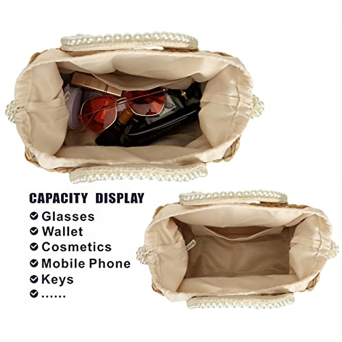 FUSMIC Women's Handbag Straw Handmade Artificial Pearl Rattan Weave Tote Shoulder Bag Beige