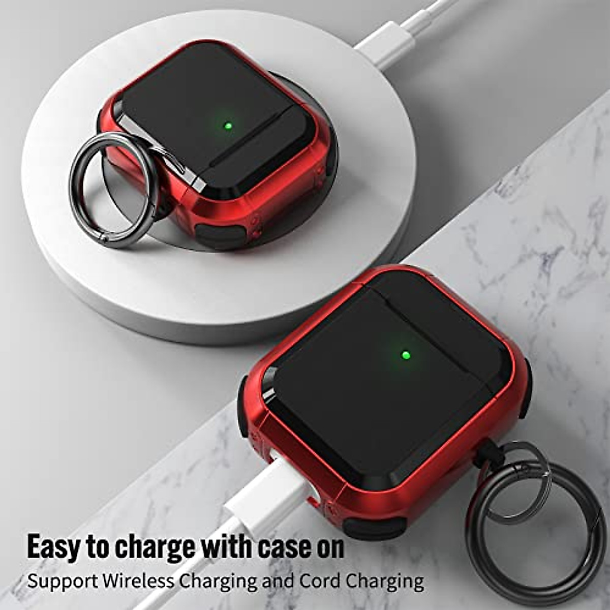 Jiunai for AirPods Case AirPods 2 Case with Keychain Protective Shockproof Full Body Armor Thick Wireless Charge Supported Cool Case with Carabiner for AirPods 1st & 2nd Gen LED Visible Black Red