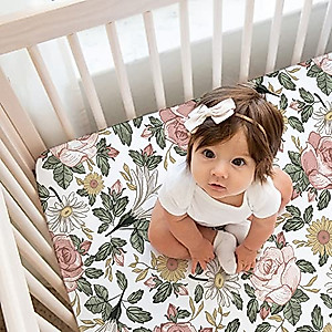 Sweet Jojo Designs Blush Pink Yellow Vintage Floral Boho Girl Baby Fitted Crib Sheet Set Infant Newborn Nursery Toddler Bed Room Standard Mattress 2pc Bohemian Shabby Chic Flower Farmhouse Sage White
