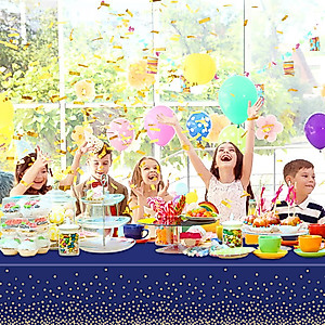 12 Pcs Navy Blue Plastic Tablecloth Gold Dot Blue Table Cloth, 54×108 inches Disposable Gold Dot Confetti Dark Blue Table Cover for Anniversary, Friendsgiving, Fine Dining, Graduation Party Decoration
