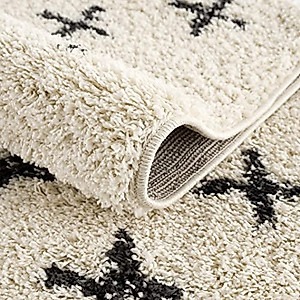 Hauteloom Alstead Farmhouse Swiss Cross Geometric Shag Area Rug - Fluffy High Pile Super Soft Rug with Tassels for Living Room, Bedroom, Dining Room - Cream, Beige, Black - 3'11" x 5'7"
