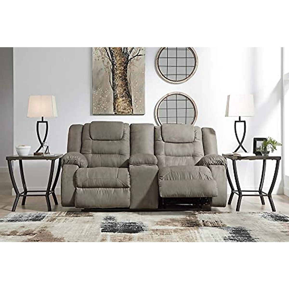 Signature Design by Ashley McCade Contemporary Manual Pull Tab Reclining Loveseat with Center Console, Gray