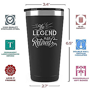 Sodilly Retirement Themed Tumbler Mug - Humorous Gift for Former Colleagues - Retirement Travel Mug - Legend Has Retired Mug - Stainless Steel Tumbler - Legend Has Retired Glass - 16 oz Black Tumbler