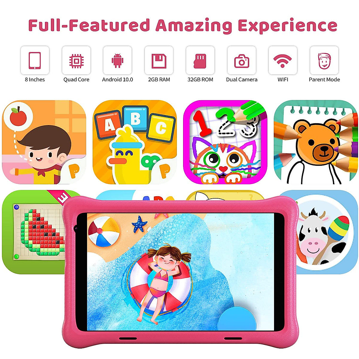 8 inch Tablet for Kids, Android 10 Kids Tablet with Parental Control, Kidoz Installed, 4000 mAh, HD Display, 32GB, Dual Camera, WiFi, Bluetooth, Google Play, Children Tablet with Shockproof Case, Pink