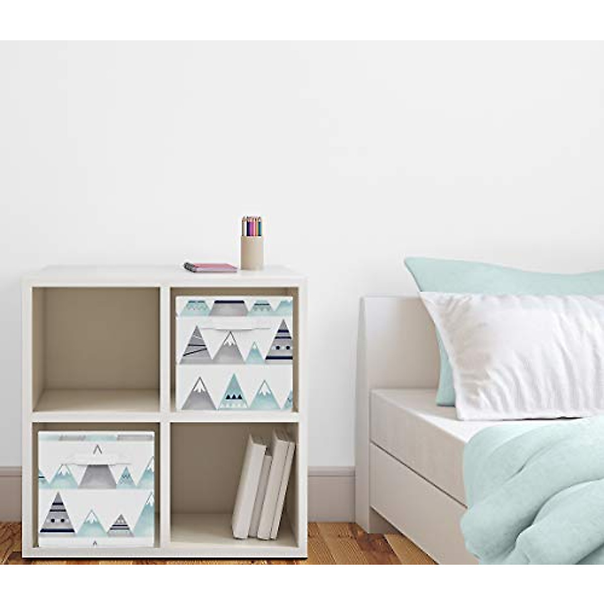 Sweet Jojo Designs Watercolor Mountains Foldable Fabric Storage Cube Bins Boxes Organizer Toys Kids Baby Childrens - Set of 2 - Navy Blue, Aqua and Grey Aztec