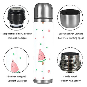 Stainless Steel Leather Vacuum Insulated Mug Summer Watermelon Ice Cream Thermos Water Bottle for Hot and Cold Drinks Kids Adults 16 Oz
