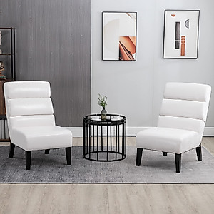 ZJhome Armless Accent Chairs Set of 2, Textured Leather Comfy Upholstered Corner Side Slipper Chairs for Bedroom, Living Room Chairs with Wooden Legs(White)