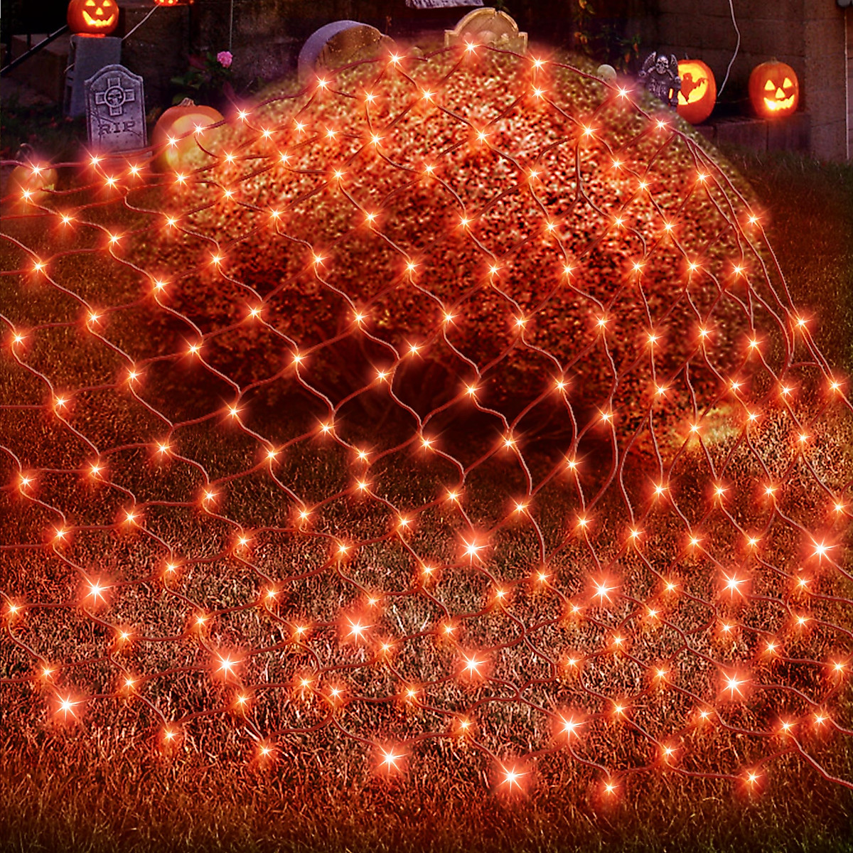 TURNMEON 360 LED 12Ft x 5Ft Halloween Net Lights Outdoor with 8 Flash Modes, Timer, Plug in, Orange Red Mesh Lights, Connectable Waterproof Halloween Decoration Outside Outdoor Bushes Yard Garden Tree