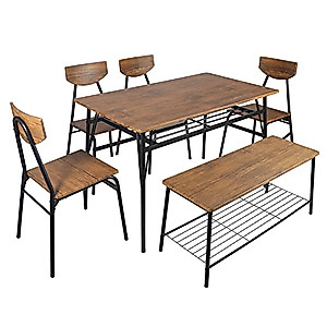 AKVOMBI Dining Table Set for 6 with Bench, Kitchen Table and Chairs Set, Dinning Room Table with Storage Racks, Rectangular Table, 4 Chairs, Steel Frame, Brown